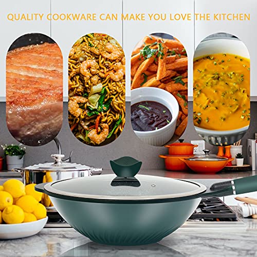 MEGOO Kitchenware cookwear Non Stick Wok Pan With Lid,(PFA,PFOA Free),Frying Wok Pan Suitable For Induction,Gas Cooktops,Ceramic And Electric Stove (Aluminium, 12 Inch)