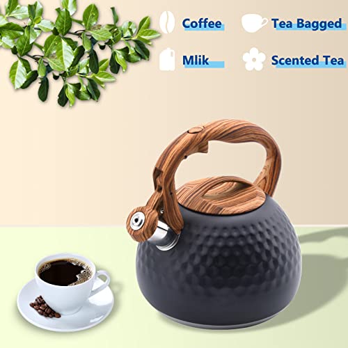 Foedo Tea Kettle, 3.2 Qt Stainless Steel Whistling Tea Kettle for Stove Top, Food Grade Teapot with Wood Pattern Handle for Coffee, Tea, Milk etc, Gas Electric Applicable (Black)