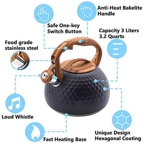 Foedo Tea Kettle, 3.2 Qt Stainless Steel Whistling Tea Kettle for Stove Top, Food Grade Teapot with Wood Pattern Handle for Coffee, Tea, Milk etc, Gas Electric Applicable (Black)