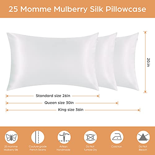 Veaken Silk Pillowcase for Hair and Skin, 2 Pack 100% Mulberry Silk Pillowcase 25 Momme, 600 Thread Count, Both Side Pure Silk Pillow Cover with Hidden Zipper (White, Standard 20''×26'')