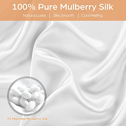 Veaken Silk Pillowcase for Hair and Skin, 2 Pack 100% Mulberry Silk Pillowcase 25 Momme, 600 Thread Count, Both Side Pure Silk Pillow Cover with Hidden Zipper (White, Standard 20''×26'')