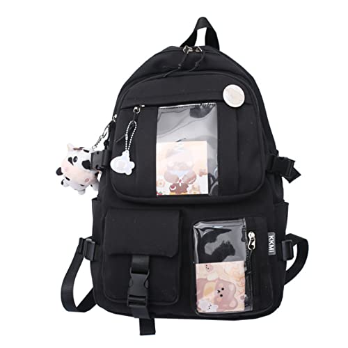 GGOOB Kawaii Backpack with Pins School Cute Aesthetic for (Black,With Accessories)