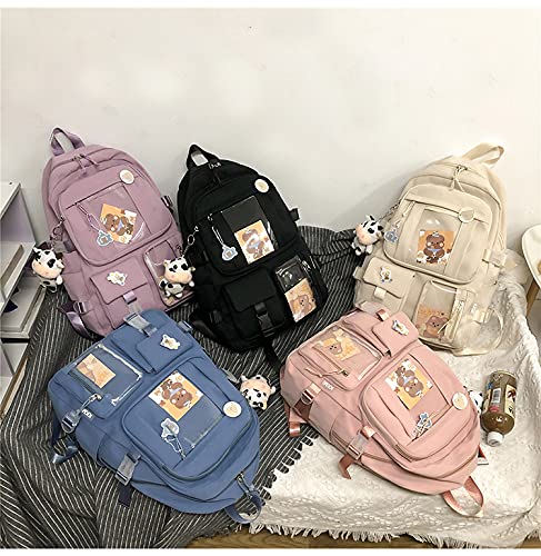 GGOOB Kawaii Backpack with Pins School Cute Aesthetic for (Black,With Accessories)