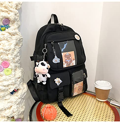 GGOOB Kawaii Backpack with Pins School Cute Aesthetic for (Black,With Accessories)