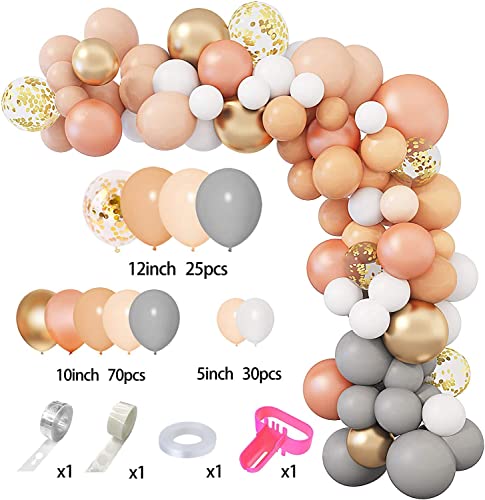 Amandir 129Pcs Hobo Peach Balloons Garland Kit Baby Shower Birthday Decorations, Blush Macaron Pastel Orange Rose Gold Gray Confetti Balloon Balloons for Wedding Bridal Bachelorette Party Supplies