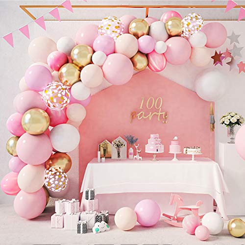 Amandir 144Pcs Pink Balloons Garland Arch Kit Light Pink Gold White Balloons Confetti Latex Metallic Balloons for Girl Birthday Baby Shower Wedding Party Decorations Supplies