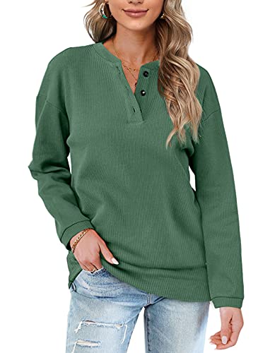 OFEEFAN Womens Sweatshirt Long Sleeve Blouses For Women Crew Neck Button Sweaters Green XL