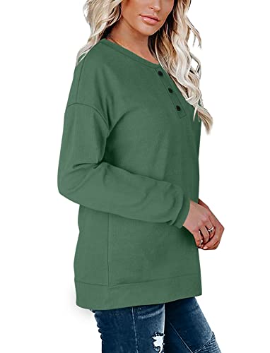 OFEEFAN Womens Sweatshirt Long Sleeve Blouses For Women Crew Neck Button Sweaters Green XL