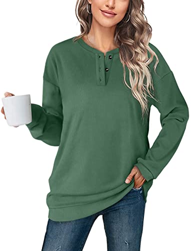 OFEEFAN Womens Sweatshirt Long Sleeve Blouses For Women Crew Neck Button Sweaters Green XL