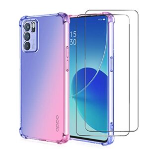 zmone phone case for oppo reno 6 5g case with tempered glass screen protector [2 pack], clear gradient soft tpu bumper slim anti-scratch shockproof protective cover - blue/pink