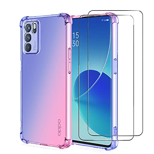 ZMONE Phone Case for Oppo Reno 6 5g Case with Tempered Glass Screen Protector [2 Pack], Clear Gradient Soft TPU Bumper Slim Anti-Scratch Shockproof Protective Cover - Blue/Pink