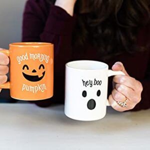 Pearhead Halloween Mug Set, Good Morning Pumpkin and Hey Boo Coffee Mugs, Novelty Fall Holiday Cups, Set of 2, 13 oz