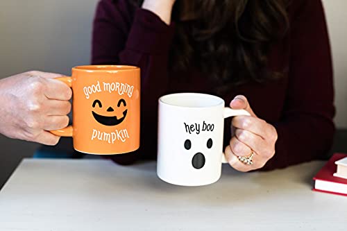 Pearhead Halloween Mug Set, Good Morning Pumpkin and Hey Boo Coffee Mugs, Novelty Fall Holiday Cups, Set of 2, 13 oz