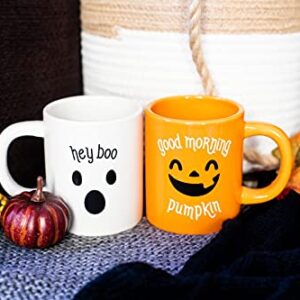 Pearhead Halloween Mug Set, Good Morning Pumpkin and Hey Boo Coffee Mugs, Novelty Fall Holiday Cups, Set of 2, 13 oz