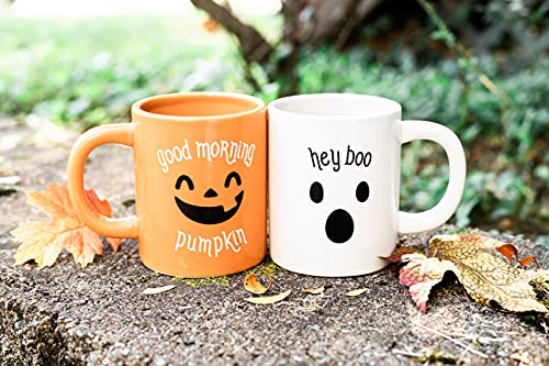 Pearhead Halloween Mug Set, Good Morning Pumpkin and Hey Boo Coffee Mugs, Novelty Fall Holiday Cups, Set of 2, 13 oz