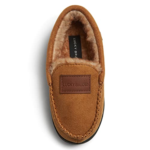 Lucky Brand Boy's Micro Suede Fuzzy Lined Moccasin Slippers for Kids, Tan, Size 6