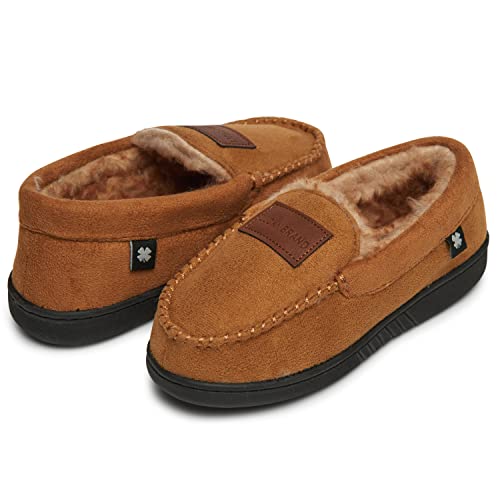 Lucky Brand Boy's Micro Suede Fuzzy Lined Moccasin Slippers for Kids, Tan, Size 6