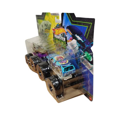 Metal Hotwheels Monster Trucks Roarin Rumble 1:64 Scale Double Pack, Shark Wreak Undead Great White VS Town Hauler Mecha Orca, Multicolor