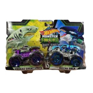 metal hotwheels monster trucks roarin rumble 1:64 scale double pack, shark wreak undead great white vs town hauler mecha orca, multicolor