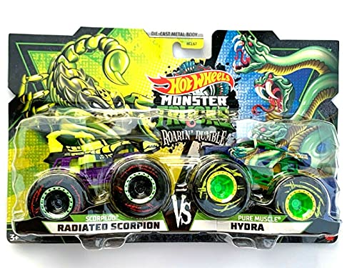 Metal Hotwheels Monster Trucks Roarin Rumble 1-64 Scale Double Pack, Radiated Scorpion Vs Pure Muscle Hydra