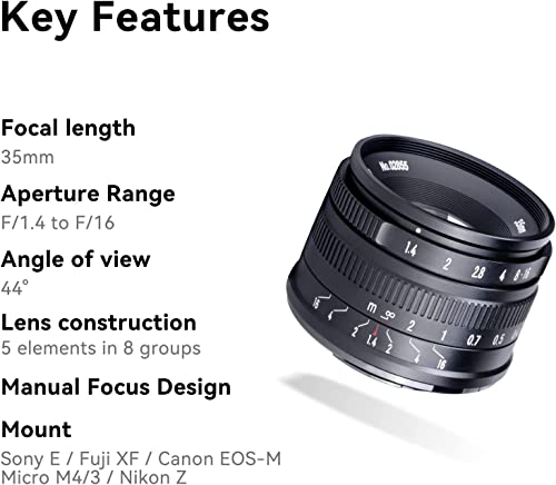 7artisans 35mm F1.4 Mark II APS-C Manual Focus Fixed Lens Large Aperture Compatible with Olympus and Panasonic MFT M4/3 Mount Cameras