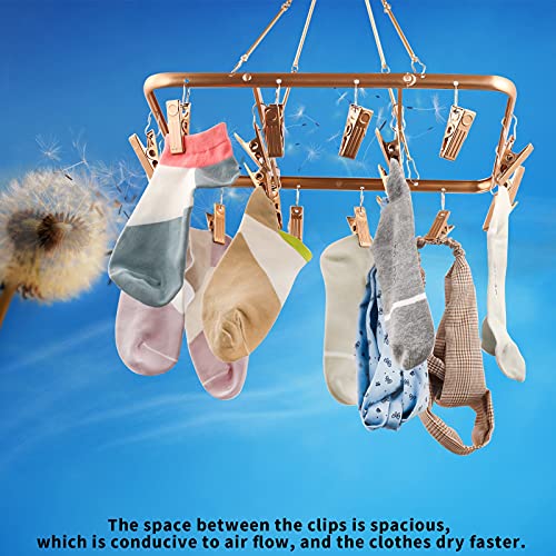 kuaguan Clothes Drying Rack Golden Clip Bra Hangers with 20 Clips Drying Clips Clothes Hangers for Drying Socks Aluminum Alloy Drying Hanger Drying Towels Underwear Bras Baby Clothes