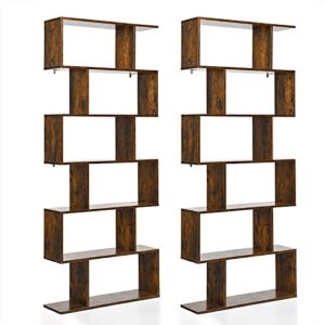 tangkula 6 tier s shaped bookshelf, 31.5''l x 9''w x 75''h, wooden bookcase and bookshelves w/anti-toppling device, room divider display shelves for living room, home decor, 6 shelf bookshelf