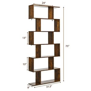 Tangkula 6 Tier S Shaped Bookshelf, 31.5''L x 9''W x 75''H, Wooden Bookcase and Bookshelves w/Anti-Toppling Device, Room Divider Display Shelves for Living Room, Home Decor, 6 Shelf Bookshelf