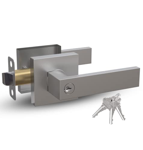 Mega Handles Entry Single I Entry Lever Door Handle and Single Cylinder Deadbolt Lock and Key Combo Pack - Heavy Duty Square Locking Lever Set for Left or Right-Handed Doors - Satin Nickel