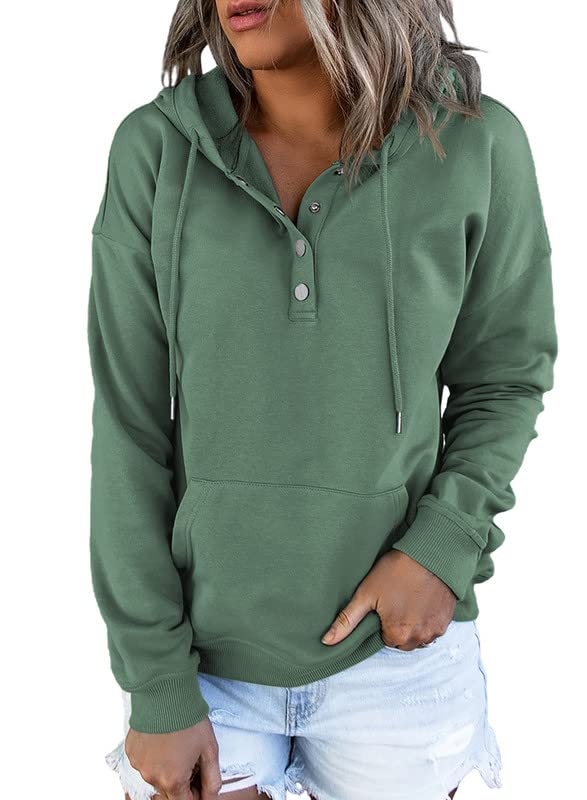 Dokotoo Women's Fashion Hoodies & Sweatshirts Drawstring Long Sleeve Front Button Collar Hooded Pullover with Pockets Winter Sweatshirts for Women Plus Size Casual Ladies Fall Shirt Tops XXL Green