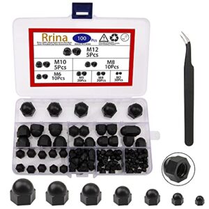 rrina 100pcs black nylon dome acorn nut inner threaded cap nuts assortment kit,7 sizes m3, m4, m5, m6, m8, m10, m12