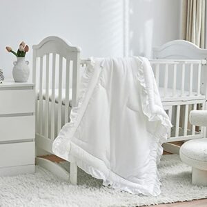 3 Pieces Crib Bedding Set Baby Ruffle Quilted Comforter with Fitted Sheet and Pillow - Cute Ruffled Shabby Chic Bedding Soft Blanket Design White