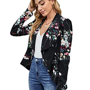 Milumia Women's Floral Print Waterfall Collar Blazer Asymmetrical Hem Suit Outerwear Black X-Large