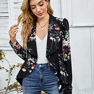 Milumia Women's Floral Print Waterfall Collar Blazer Asymmetrical Hem Suit Outerwear Black X-Large