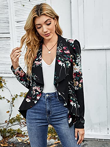 Milumia Women's Floral Print Waterfall Collar Blazer Asymmetrical Hem Suit Outerwear Black X-Large