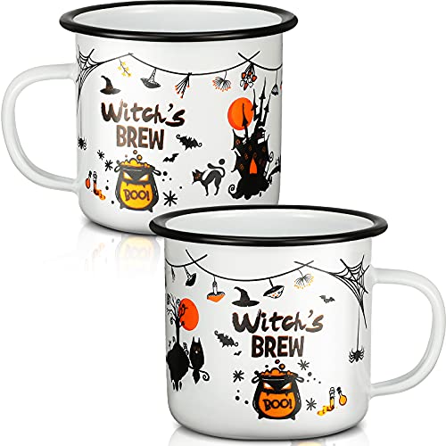 2 Pieces Halloween Enamel Campfire Mug Halloween Enamel Mug Coffee Cup Witch's Brew Halloween Gothic Cup Handfinished Enamelware Espresso Cups for Mountain Nature Outdoor Hiking (12 oz) (Cute Style)