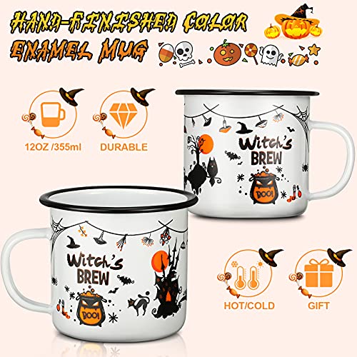 2 Pieces Halloween Enamel Campfire Mug Halloween Enamel Mug Coffee Cup Witch's Brew Halloween Gothic Cup Handfinished Enamelware Espresso Cups for Mountain Nature Outdoor Hiking (12 oz) (Cute Style)