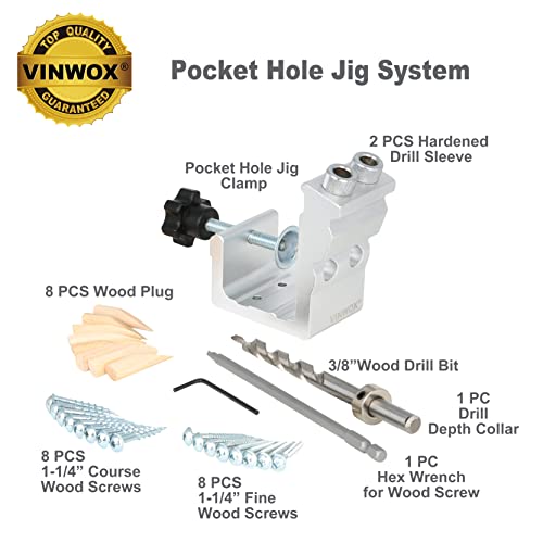 VINWOX 31 PCS Pocket Hole Jig Adjustable Woodworking Tools with Step Drill Bit and Robertson Screws & Bit, bezels for a Portable Unit or Mount to Bench