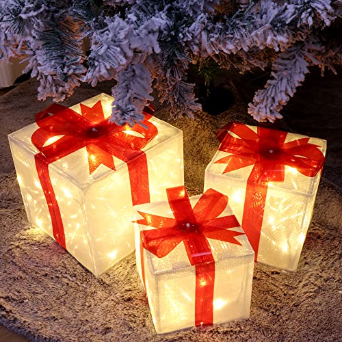 ATDAWN 60 LED Lighted Gift Boxes Christmas Decorations, Transparent Lighted Present Boxes, Christmas Home Gift Box Decorations, Warm White