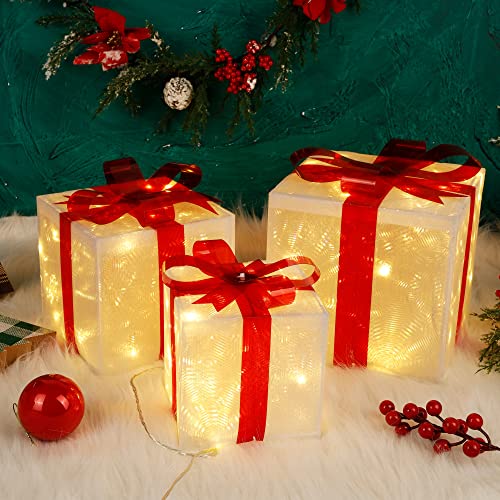 ATDAWN 60 LED Lighted Gift Boxes Christmas Decorations, Transparent Lighted Present Boxes, Christmas Home Gift Box Decorations, Warm White