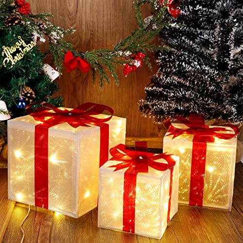 ATDAWN 60 LED Lighted Gift Boxes Christmas Decorations, Transparent Lighted Present Boxes, Christmas Home Gift Box Decorations, Warm White