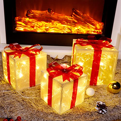 ATDAWN 60 LED Lighted Gift Boxes Christmas Decorations, Transparent Lighted Present Boxes, Christmas Home Gift Box Decorations, Warm White