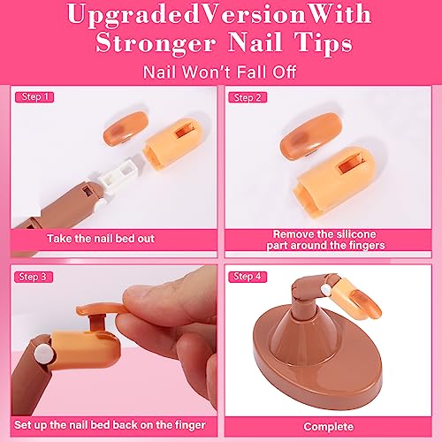 Nail Practice Finger for Acrylic Nails, 3PCS Adjustable Fake Mannequin Fingers with 1PC Acrylic Finger Base and 100PCS Brown Nail Tips, Movable Flexible Training Fake Finger Nail to Practice Nail Art