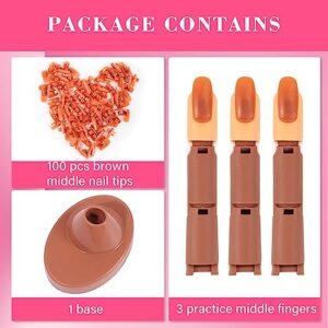 Nail Practice Finger for Acrylic Nails, 3PCS Adjustable Fake Mannequin Fingers with 1PC Acrylic Finger Base and 100PCS Brown Nail Tips, Movable Flexible Training Fake Finger Nail to Practice Nail Art