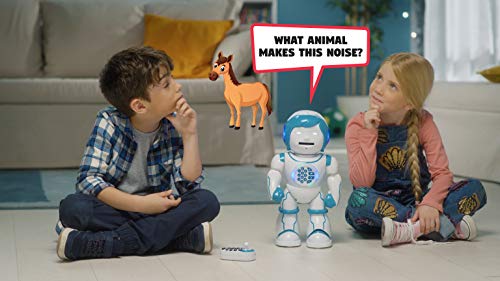 LEXIBOOK Powerman Kid - Educational and Bilingual English/Spanish Robot - Walking Talking Dancing Singing Toy - STEM Programmable Telling Creating Stories - Quizzes Shooting Discs for Kids - ROB90US