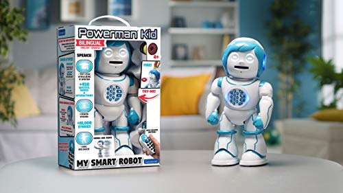 LEXIBOOK Powerman Kid - Educational and Bilingual English/Spanish Robot - Walking Talking Dancing Singing Toy - STEM Programmable Telling Creating Stories - Quizzes Shooting Discs for Kids - ROB90US