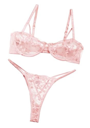 Lilosy Sexy Cute Underwire Push Up Strappy Heart Embroidered Mesh Sheer Lingerie Set for Women See Through Bra and Panty 2 Piece Pink X-Small