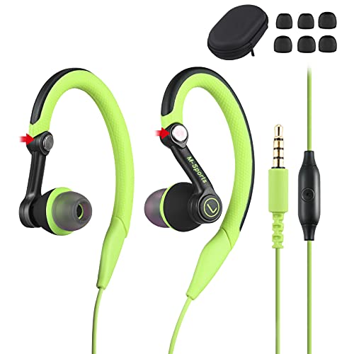 mucro Sport Running Earbuds, Wired Over Ear in-Ear Earbuds, Earhook Earphones, Headphones with Microphone for iPhone iPod Android Phone (Green)