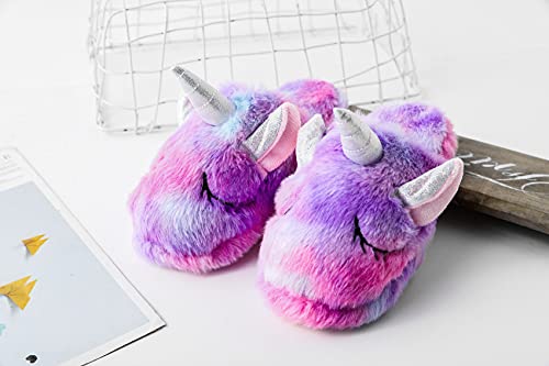 Kids Unicorn Slippers with Rubber Soles for Boys Girls Home Plush Shoes Indoor Anti Slip Cute Warm Purple X24