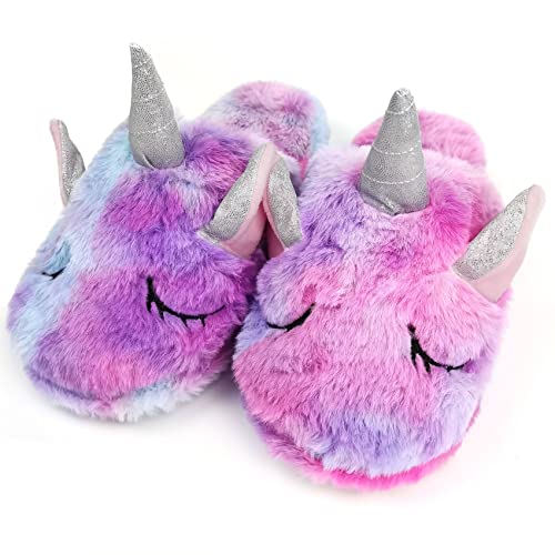 Kids Unicorn Slippers with Rubber Soles for Boys Girls Home Plush Shoes Indoor Anti Slip Cute Warm Purple X24